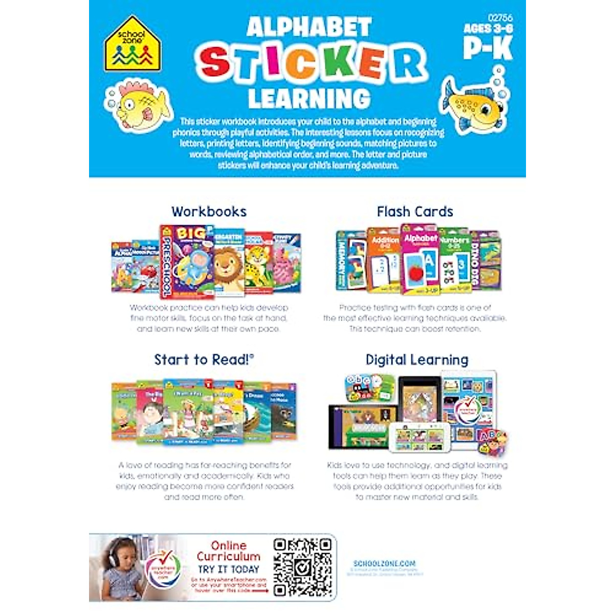 School Zone - Alphabet Stickers Workbook - 64 Pages, Ages 3 to 6, Preschool to Kindergarten, 267 Stickers, ABCs, Printing Letters, Phonics, and More (School Zone Stuck on Learning® Book Series)