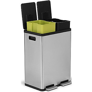 SIMPLI-MAGIC 60 Liter / 16 Gallon Rectangular Hands-Free Dual Compartment Recycling Kitchen Step Trash Can with Soft-Close Lid, Brushed Stainless Steel (30L x 30L Capacity)