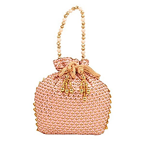 Indtresor beaded handcrafted brocade evening purse drawstring handbag vintage party wedding gift for women. Light Pink Gold