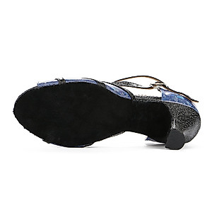 TDA Women's Ankle Strap Peep Toe Classic Blue Leather Salsa Tango Ballroom Latin Modern Dance Wedding Shoes 6.5 M US