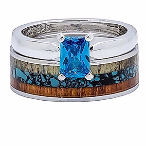 2 pc Wedding Rings Set Deer Antler Turquoise Koa Wood Stainless Steel Sterling Silver Engagement Rings (10)