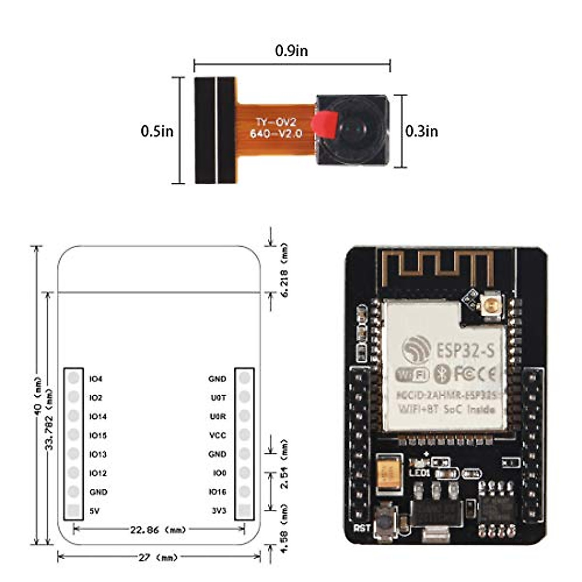 Aokin ESP32-CAM Camera Module, ESP32 Development Board WiFi and Bluetooth with OV2640 2MP Camera for Arduino, Include ESP32-CAM-MB Micro USB to Serial Port CH340C, 1 Pcs
