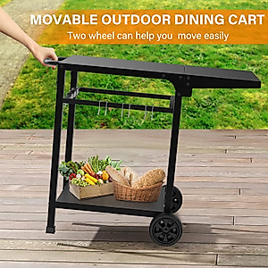 Blomed Dining Cart Table with Double-Shelf, Grill Cart with Wheels, Movable Steel Flattop Worktable, 6 Hooks, Side Handle, BBQ Cart Pizza Oven Stand