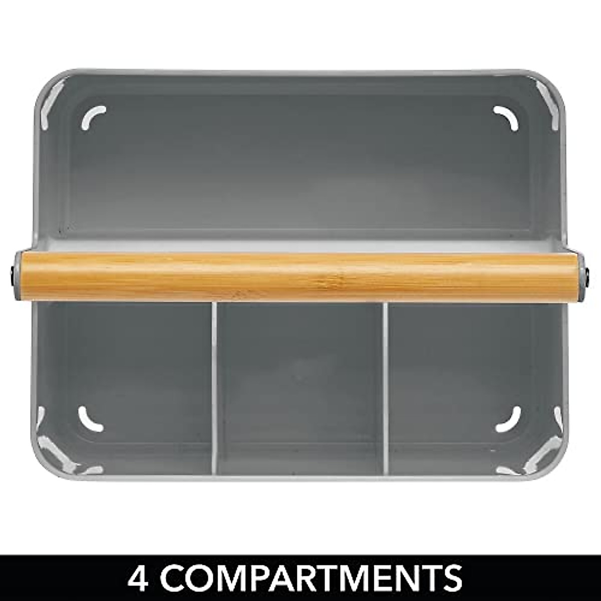 mDesign Plastic Portable Storage Organizer Kitchen Caddy Tote, Divided Bin with Wood Handle for Napkins, Silverware, Forks, Knives, Spoons - Store in Cabinets, Countertops - Charcoal Gray/Natural