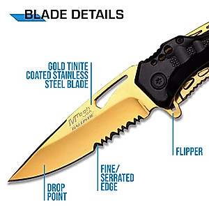 MTech USA – Spring Assisted Folding Knife – Partially Serrated Gold TiNite Coated Stainless Steel Blade, Black Aluminum Handle, Pocket Clip, Tactical, EDC, Self Defense- MT-A705BG