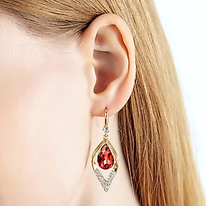 Austrian Crystal Teardrop Hollow Leaf Drop Dangle Earrings for Women 14K Rose Gold Plated Hypoallergenic Jewelry (Red)