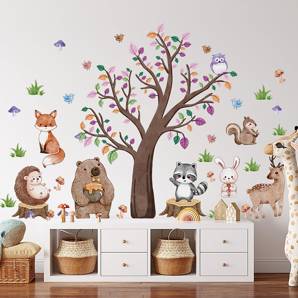 Suplanet Woodland Animals Wall Decals Tree Wall Stickers Fox Squirrel Deer Hedgehog Rabbit Bear Owl Raccoons Wall Decor for Boys Bedroom Baby Nursery Kids Bedroom Living Room