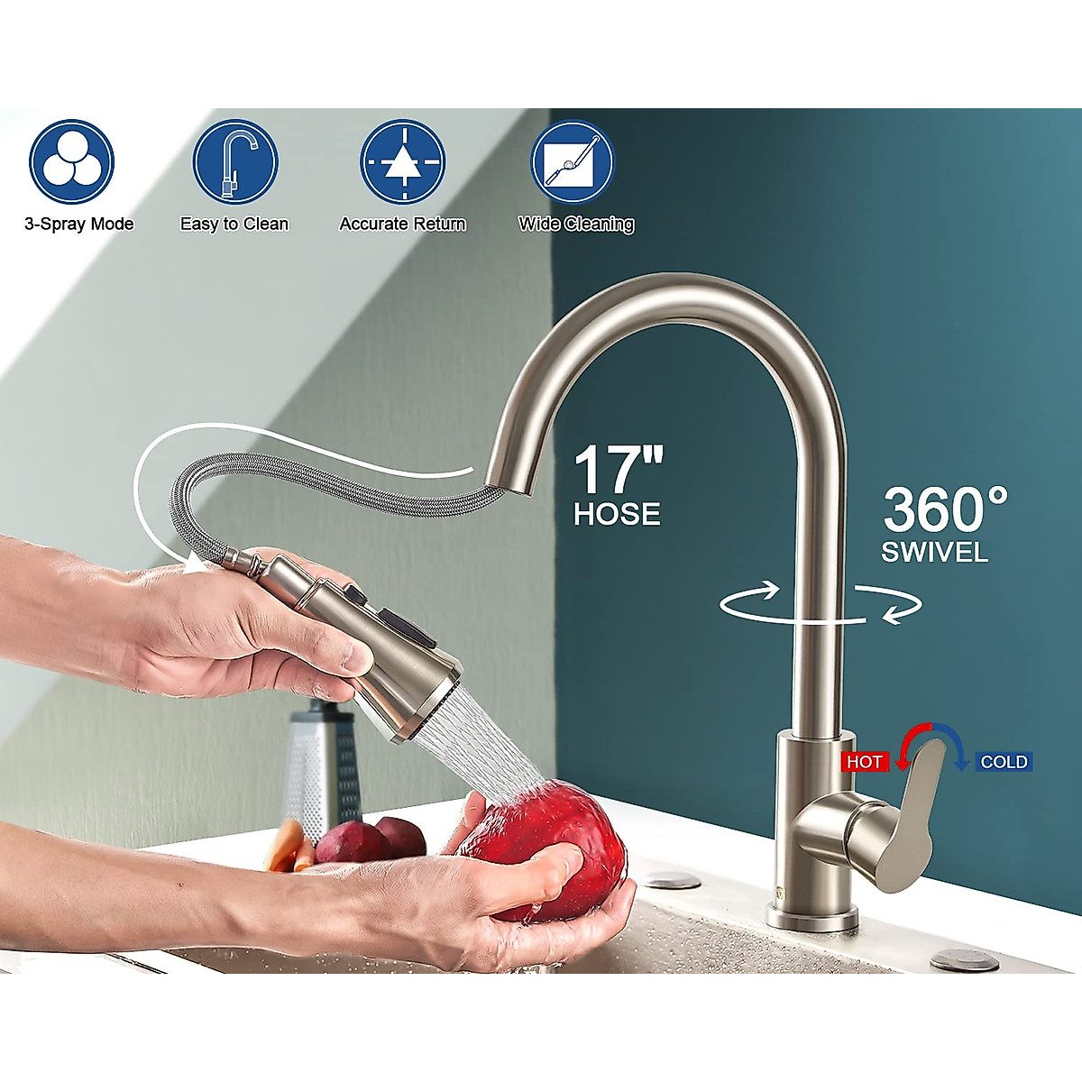 Kitchen Faucet with Pull Down Sprayer VMASSTONE Single Level Stainless Steel Kitchen Sink Faucet with 3-Spray Mode Single Handle High Arc Modern Faucet for Kitchen, RV, Bar (Brushed Nickel)