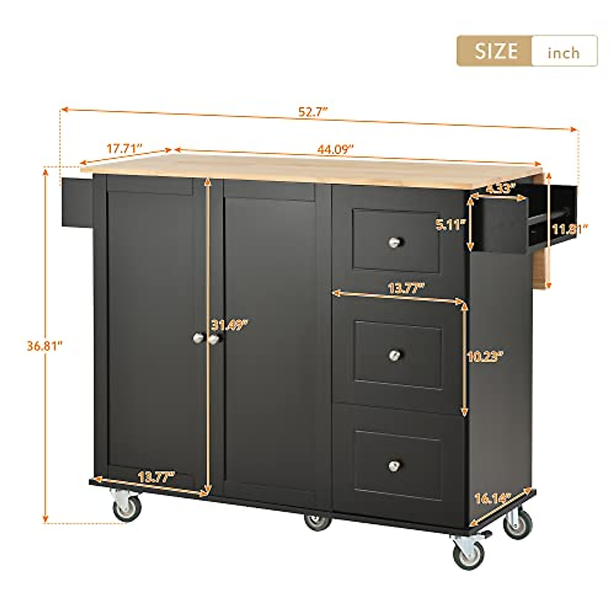 MACHOME Rolling Mobile Kitchen Island Cart with Storage on Locking Wheels, Kitchen Cart w/Solid Wood Top and Breakfast Bar, Kitchen Storage Cabinet w/ 3 Drawers, 52.76" L x 29.50" W x 36.8" H,-Black
