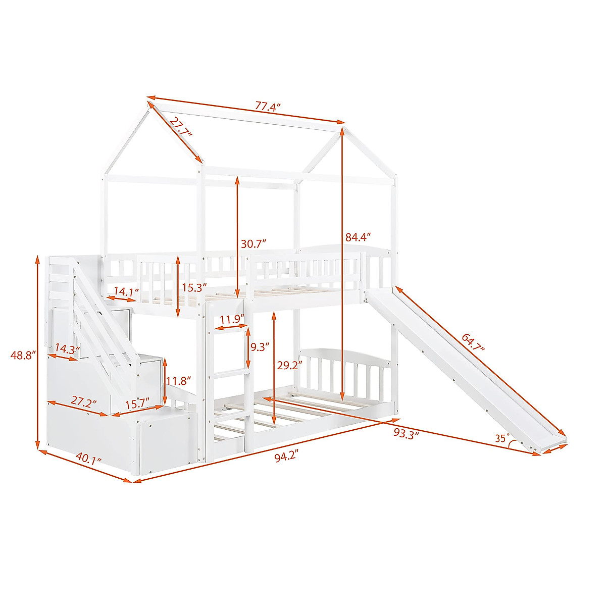 Twin Over Twin Bunk Bed for Kids Toddlers, House Bunk Bed Farm with Storage Steps and Slide Ladder Roof Guardrail for Girls/Boys, No Spring Box Required (White--Wood)