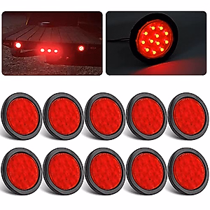 10Pcs 4 Inch Round Led Trailer Tail Lights Red 12 LED Waterproof 4" Round LED Stop Turn Tail Brake Light Marker Trailer Truck RV Lights Sealed Grommet Flush Mount w/3 Prong Wire Pigtails