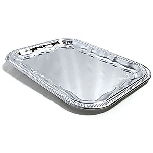 Maro Megastore (Pack of 4) 13.4-Inch x 10-Inch Oblong Rectangular Trim Victoria Flower Engraved Chrome Plated Serving Plate Mirror Tray Platter Tableware Candle Deco Art Holiday Party(Small) T227s-4pk