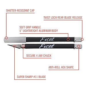 Excel Blades Soft Grip Craft Knife Set, Soft Grip Fine Point Angled Blades for Precision Cutting & Trimming, Multi-Purpose Hobby, Scrapbooking, Crafting Tools, Red, 2-Pack With 10 Replacement Blades
