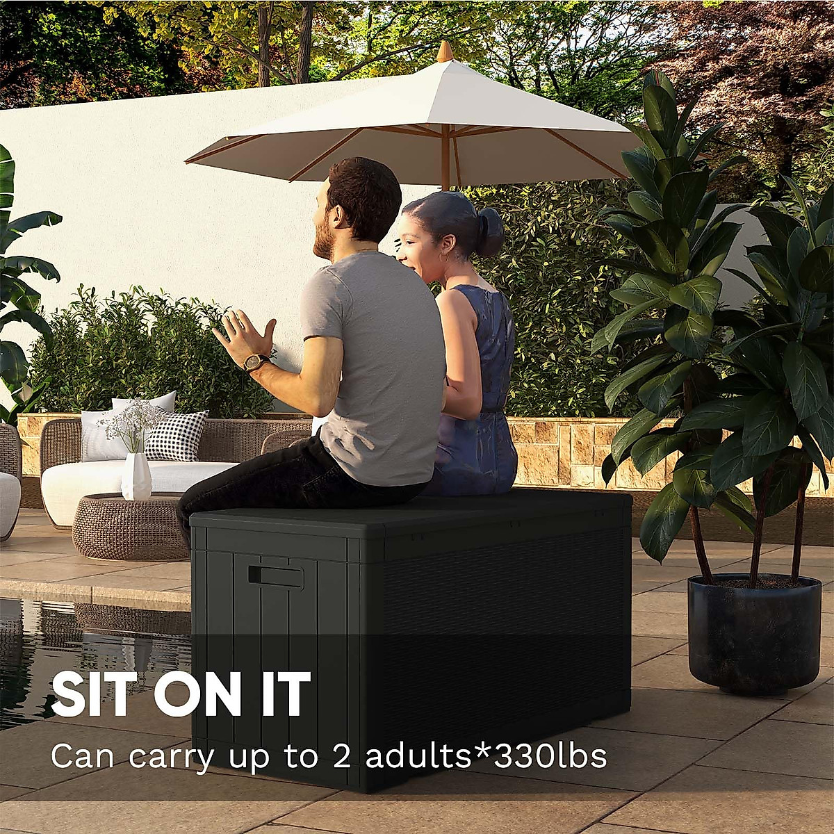 Patiowell 100 Gallon Outdoor Resin Deck Box, Waterproof Large Storage Box for Patio Furniture, Pool Accessories, Toys, Garden Tools and Sports Equipment, Lockable, Black