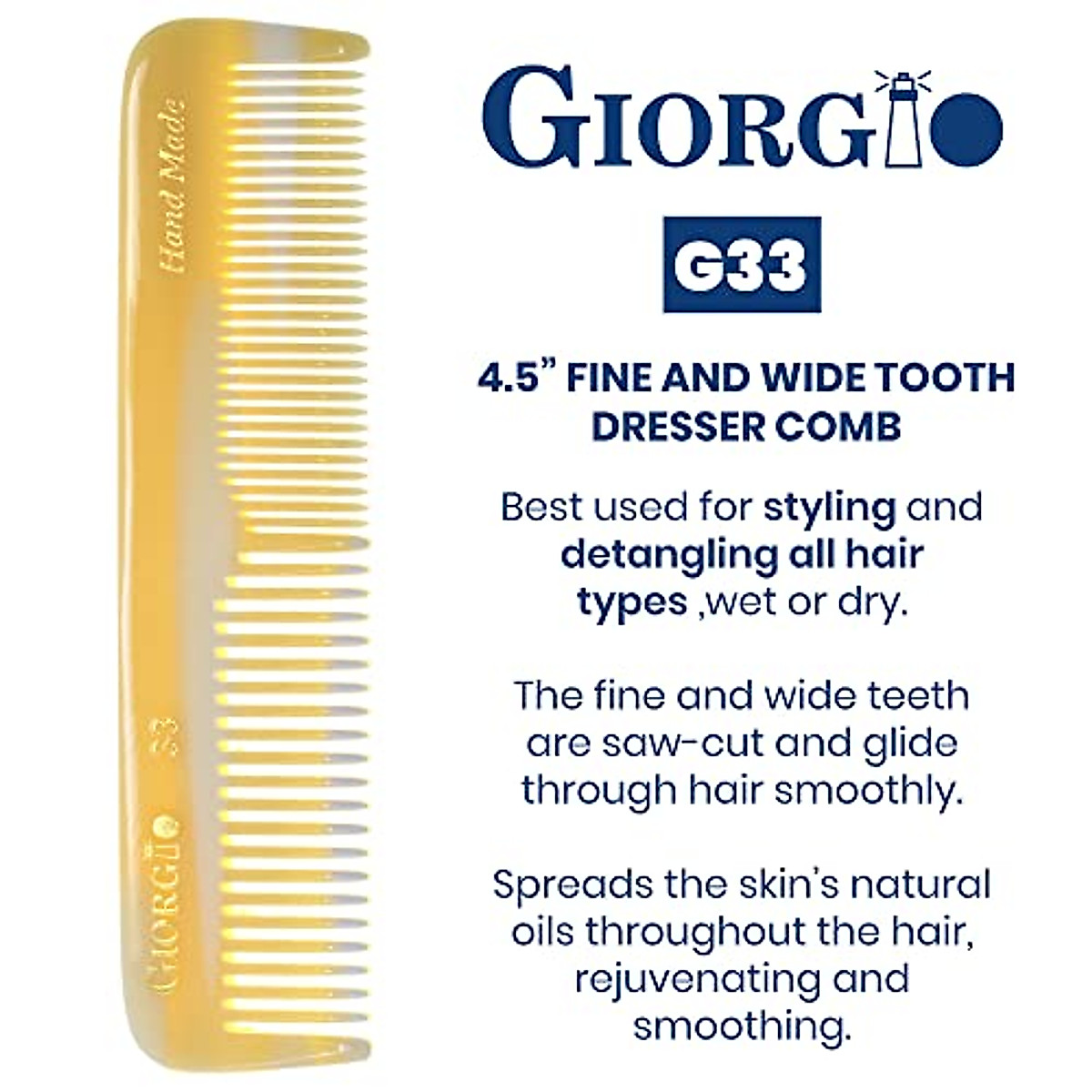 Giorgio G33 Double Tooth Small Hair Pocket Comb, Fine/Wide Tooth Comb For Hair, Beard and Mustache, Coarse/Fine Hair Styling Grooming Comb for Men, Women and Kids. Saw Cut Handmade and Polished