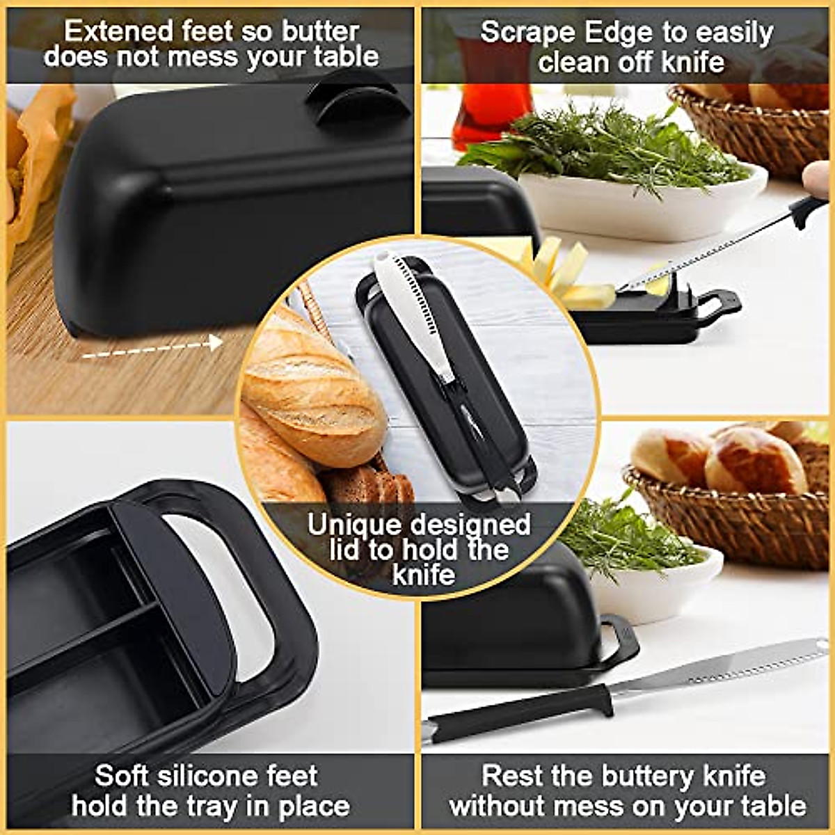 Butter Dish with Lid and Stainless Steel Knife, Light Butter Keeper, TBSP Cutting Measuring Lines Dishes, Easy Scoop, No Mess Lids, Perfect for East West Coast Butter (Black)