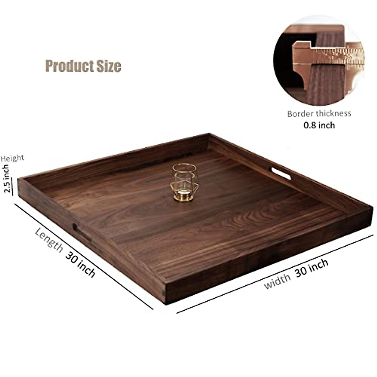 MAGIGO 30 x 30 Inches Extra Large Square Black Walnut Wood Ottoman Tray with Handles, Serve Tea, Coffee Classic 2.5 Feet Wooden Decorative Serving Tray