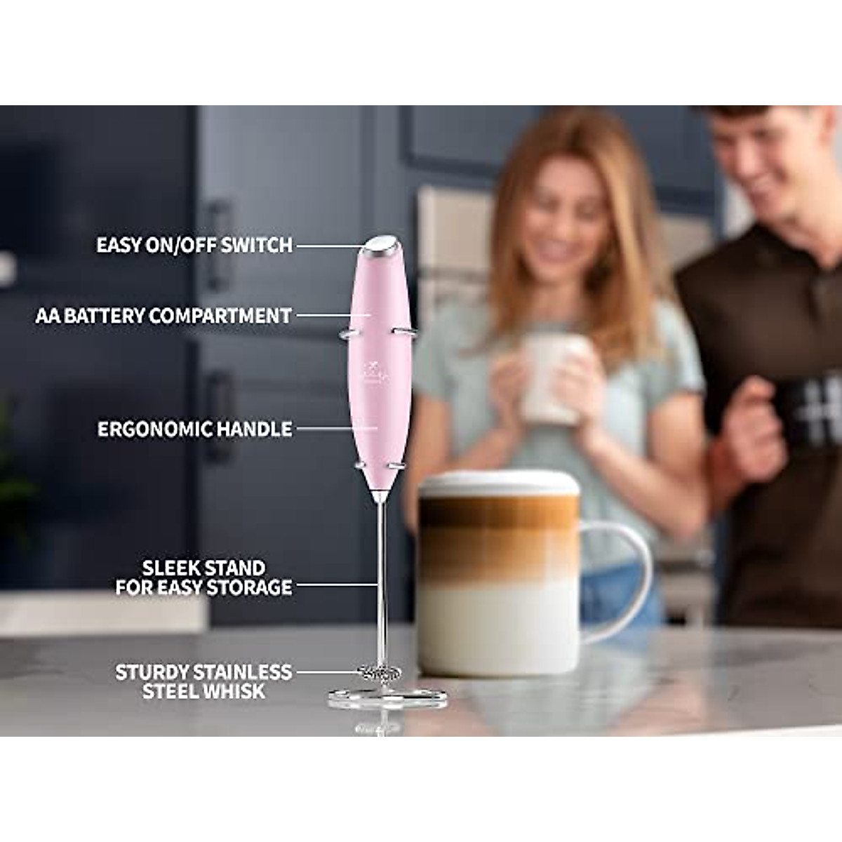 Zulay Kitchen Premium Gift Milk Frother Complete Set - Handheld Foam Maker, Stencils & Frother Set - Whisk Drink Mixer for Coffee - Mini Blender for Cappuccino, Frappe