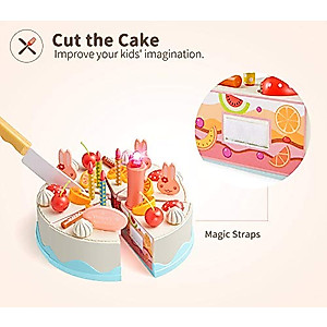 Birthday Cake Toys Set, Geyiie Cake Play Tea Party Dessert Set with Light, 88 PCS Pretend Play Cutting Food with Chocolate,Fruit Decor,Candles and More,Gift Choice for Toddlers Boys Girls