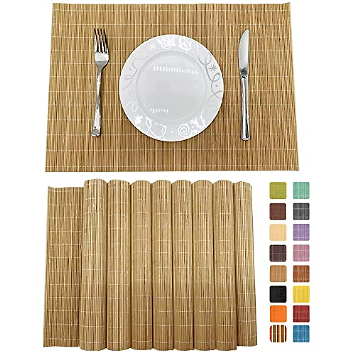 ANDSTAR Set of 8 Pcs Bamboo Placemats Sushi Rolling Mat Japanese Style Natural Anti-Slip Bamboo Placemats Washable Heat-Resistant Table Mats for Dining Room and Kitchen（Brown）