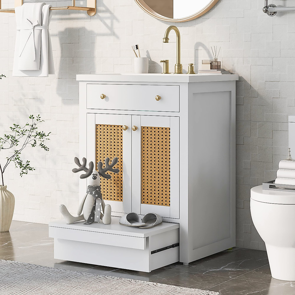 Legendstone 24 Inches Bathroom Vanity Sink Set, Bathroom Vanity Cabinet with Countertop and Pull-Out footrest, Small Bath Vanity with Sink