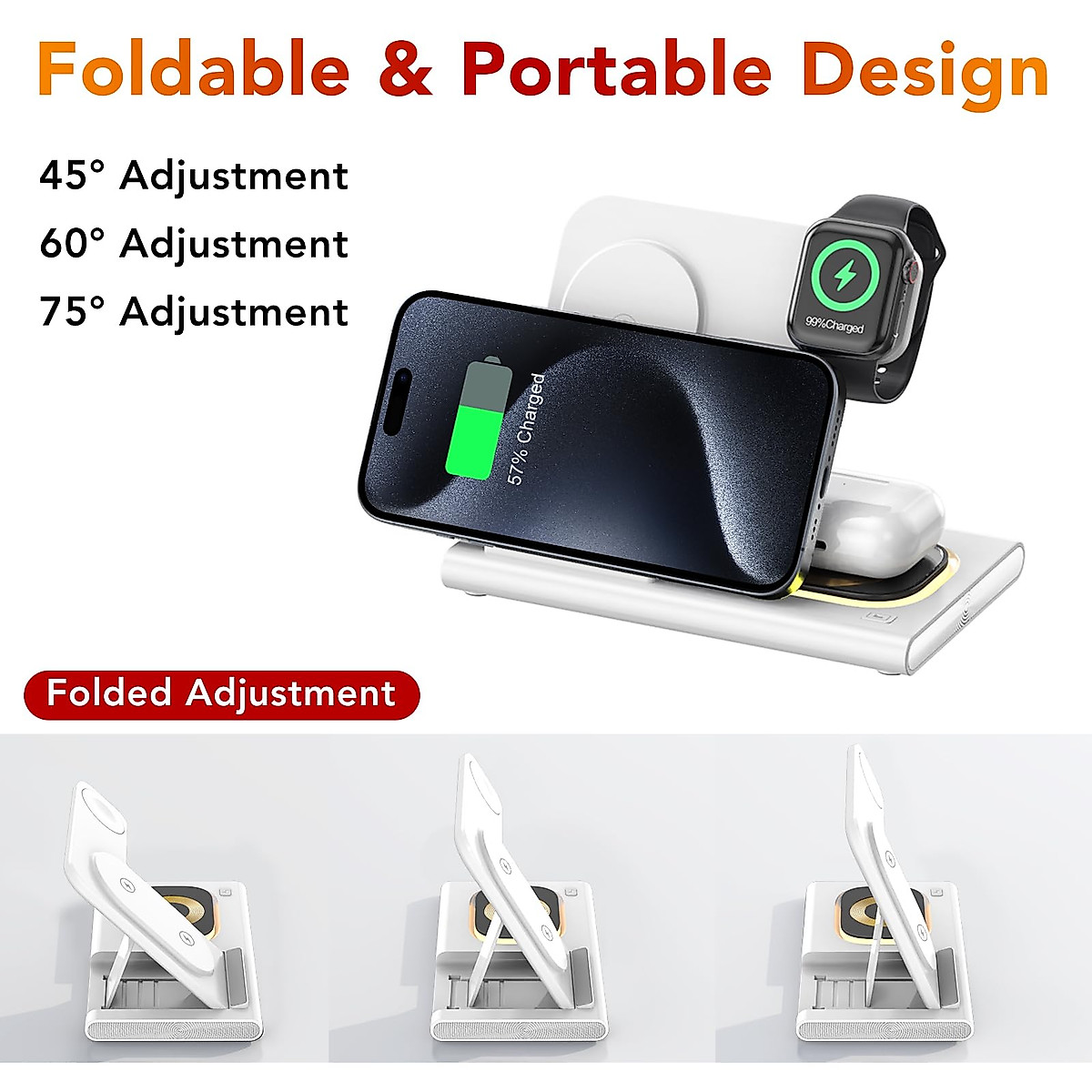 3 in 1 Foldable Charging Station for Apple Products,Fast Wireless Charger Travel Dock Adapter&Light for iPhone 15/14/13/12/11/X/XS/XR 8,iWatch Ultra2/9/Ultra/8/7/6/SE/5/4/3,Air Pods 3/2/Pro/2 (White)