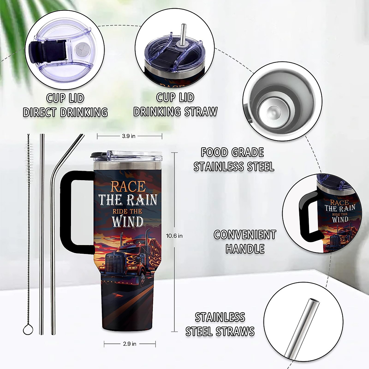 Uibunoo Truck Driver Gifts for Men, Race the Rain Ride the Wind 40 Oz Sunset Truck Tumbler with Handle & Straw, Trucker Gifts, Birthday Presents for Trucker, Stainless Steel Trucker Cup