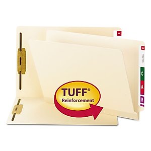 Smead TUFF® Laminated End Tab Fastener File Folder, Shelf-Master® Reinforced Straight-Cut Tab, 2 Fasteners, Letter Size, Manila, 50 per Box (34105)