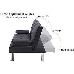 Modern Futon Sofa Bed with 2 Cupholders, PU Leather Convertible Upholstered Couch Bed Loveseat Sleeper, Folding Small Couches Love Seat, Reclining Sofa, Removable Armrests for for Small Spaces (Black)