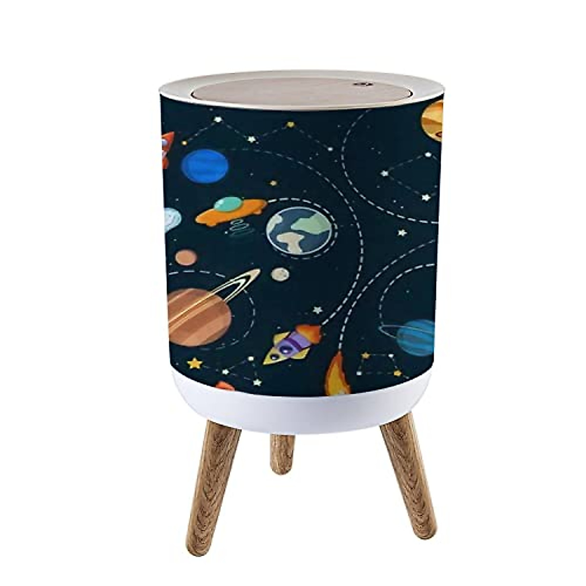 CAKOJV188 Round Trash Can with Press Lid Space Theme Solar System Kids Cartoon Planet Seamless Rocket UFO Small Garbage Can Trash
