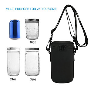 Cosmos Mason Jar Portable Neoprene Bag Insulated Mason Jar Holder Sleeve with Adjustable Strap and Zipper for 32 OZ Regular and Wide Mouth Mason Jar (Black)