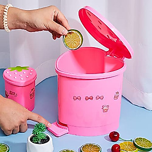 2 Pieces Strawberry Desk Trash Can Cute Trash Can Kawaii Mini Trash Can for Desk Mini Garbage Can Plastic Strawberry Kitchen Waste Bin with Sticker for Car Office Home Bedroom Bathroom Decor (Pink)