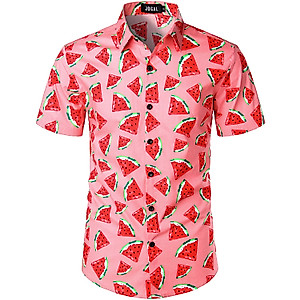 JOGAL Men's Cotton Button Down Short Sleeve Hawaiian Shirt Pink Red Medium