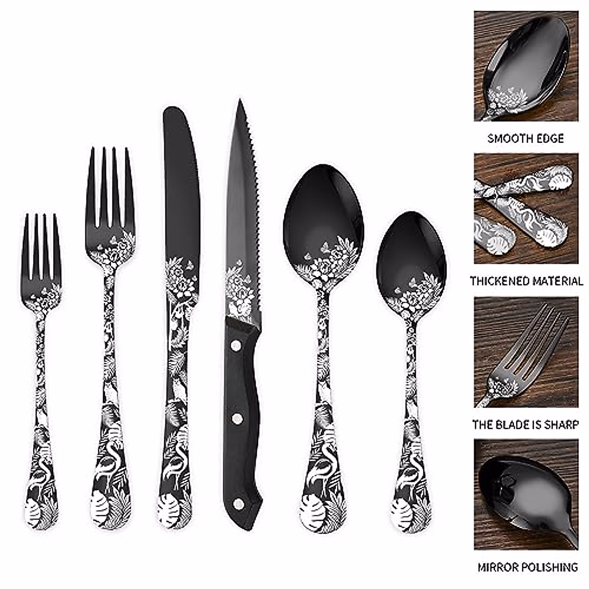 24-Piece Silverware Set with Steak Knives for 4,Unique Pattern Design，Stainless Steel Flatware Cutlery Set For Home Kitchen Restaurant Hotel, Kitchen Utensils Set, Mirror Polished, Dishwasher Safe