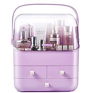 SUNFICON Makeup Organizer Cosmetic Storage Holder Case Purple Beauty Essential Box with Dust Free Cover Portable Handle Fully Open Waterproof Lid Dustproof Drawers Bathroom Countertop Bedroom Dresser