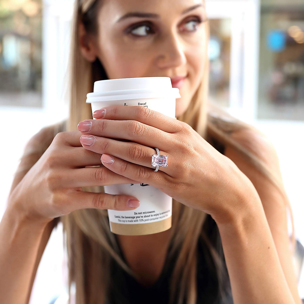 Sterling Silver Ring Emerald Cut 8.5 carat Super Light Pink CZ Stone Cocktail Ring 14MM (Size 5 to 10), 7