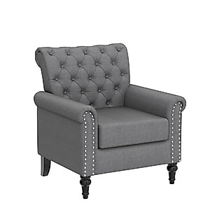JOYBASE Mid-Century Modern Accent chair Armchair, Upholstered Club Reading Chair with Nailheads and Wood Legs Single Sofa Chair for Living Room Bedroom (Light Grey, Linen)