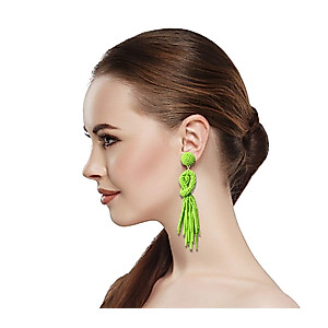 Handmade Beaded Solid Color Post Statement Earrings for Women All Season 4 inch Long (Light Green)