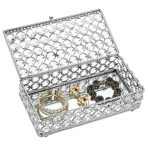 ELLDOO Crystal Jewelry Box Rectangle Trinket Organizer Earrings Rings Box Treasure Box Storage Home Decor Accent Decorative Box with Lid for Valentine Wedding Christmas Birthday Gift, Silver