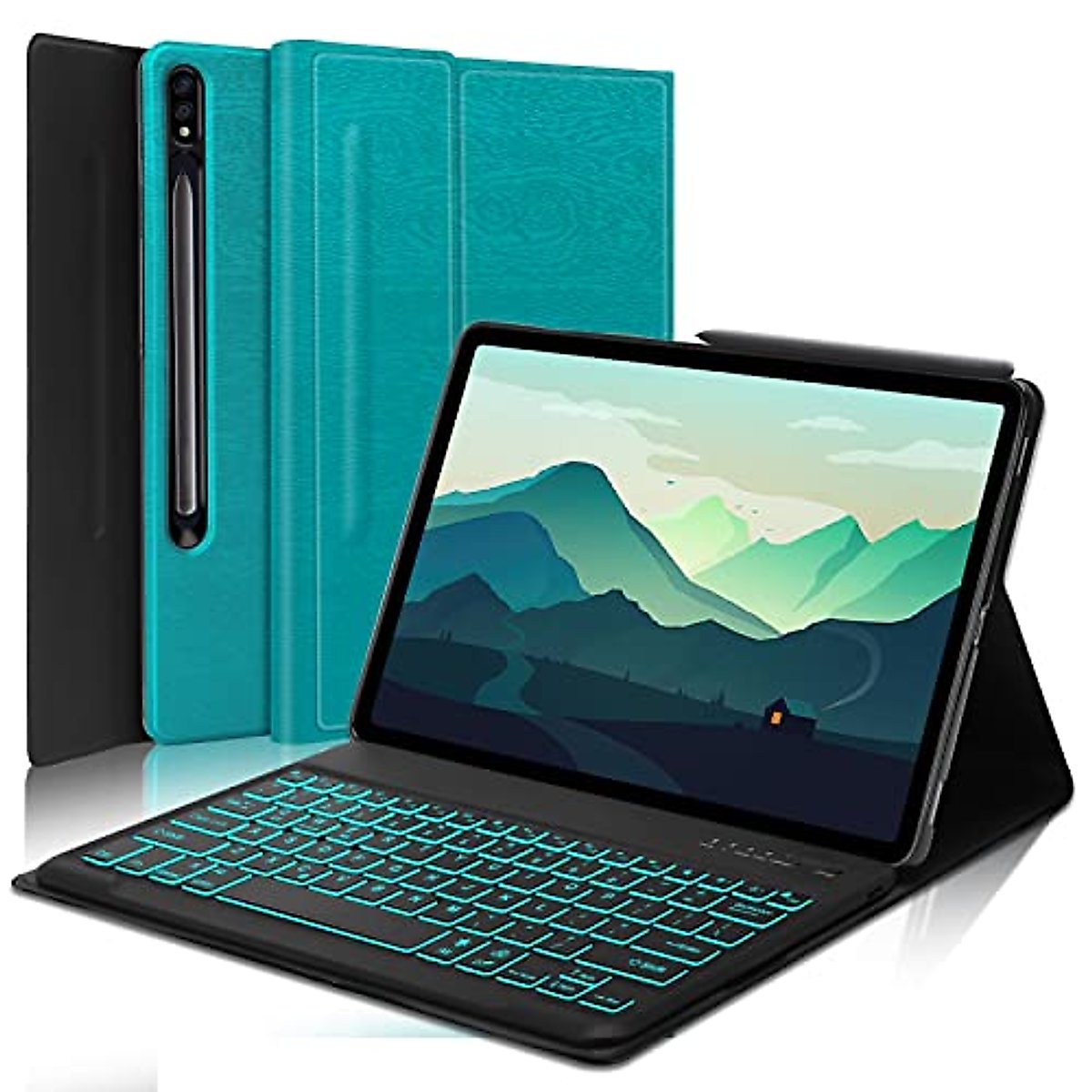 Samsung Galaxy Tab S8+/S7 FE Case with Keyboard 12.4 inch, Detachable Wireless Bluetooth Backlit Keyboard, Slim Smart Cover with S Pen Holder for Galaxy Tab S8+ 2022/S7 FE 2021/S7 Plus 2020, Green