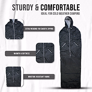 Thermotuff Wearable Sleeping Bag with Dual Hoodie, Zippered Arm Holes, Pockets & Adjustable Drawstring - Ideal for Camping, Cold Weather Hiking, and Stadium Sak Blanket (Black)