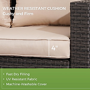 Small Patio Furniture Set with Glass Coffee Table, PE Rattan Outdoor Couch with Metal Frame, All Weather Wicker Patio Ottoman Set with Removable & Washable Cushion for Patio Garden, Khaki&Brown