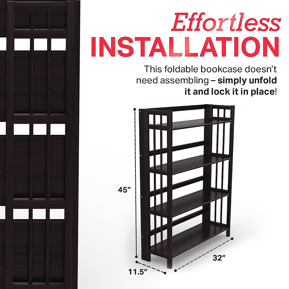 Stony Edge 4-Tier Folding Bookshelf | Espresso Wood Finish | 45x32x11.5 Inches | Book Shelf for Books and Trinkets | No Assembly Required | Foldable & Small Bookshelf for Home and Office