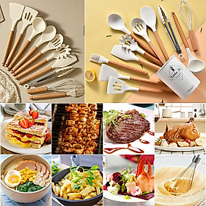 12 pcs Silicone Cooking Utensils Kitchen Utensil Set with Holder Heat Resistant Silicone Spatula Turner Set Wooden Spoons Kitchen Gadgets Tools Cooking Utensils for Nonstick Cookware (White)