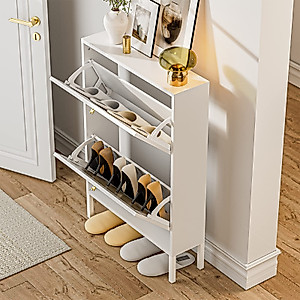 IKIFLY White Rattan Shoe Cabinet with 2 Flip Drawers, Narrow Free Standing Shoe Racks with Metal Legs, Shoe Storage Cabinet for Entryway, Living Room, Apartment