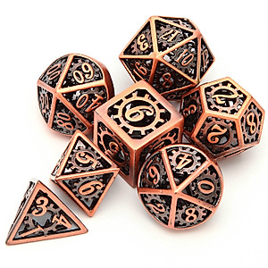 Metal Dice Set D&D, Dungeons and Dragons Dice Set,Hollow Out Retro Number Rainbow Unique Polyhedron Game RPG DND Metal Dice Set, Ancient Red Copper-24, Small