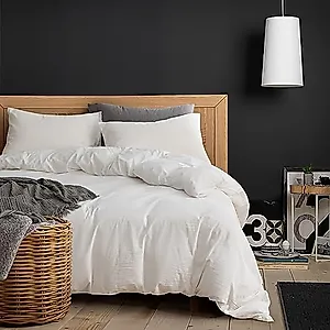 ECOCOTT White Duvet Cover Queen Size, 100% Washed Cotton 1 Duvet Cover with Zipper and 2 Pillowcases, Ultra Soft and Easy Care Breathable Bedding Set (White, Queen)