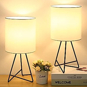 BesLowe Small Nightstand Lamps, Set of 2 Table Lamps, Modern Bedside Lamps with Black Metal Base, White Fabric Shade and ON/Off Switch, Simple Desk Lamp for Kids Bedroom Living Room Office Reading
