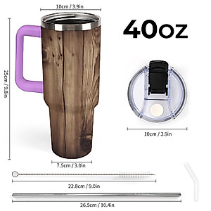 WYUSPGK 40oz Stainless Steel Car Mug, Wood Grain Print Travel Mug, Double-Wall Insulated with Straw, Perfect for Car, Office, Outdoor