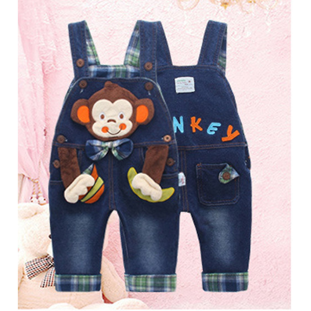 KIDSCOOL SPACE Baby Boy Girl Jean Overalls,Toddler Denim 3D Monkey Dungarees Pants,Blue,18-24 Months